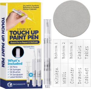 touch up paint pen for walls (5 pack) furniture repair kit for wood floors, drywall,cabinets, desks, scratches - paint touch up pen for walls, ceiling - convenient to use with labels & sand paper