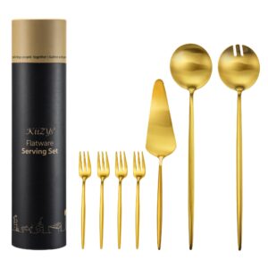 kiizys matte gold serving spoons and forks set of 7, serving utensils set 11 inch, cake cutter, salad server, pie server stainless steel flatware tongs tosser kitchen silverware gift box