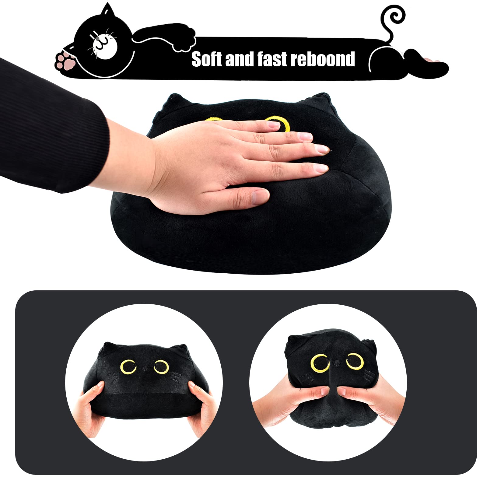 AudeRhine 10'' Cute Black Cat Plush Toys, Soft Cat Pillow Squishy Plushies, Cat Stuffed Animals Kawaii Plush Toys Home Decoration Gift for Cat Lovers Kids Boys Girls (Black, 10 Inch)