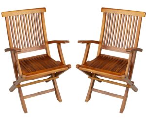 teakcraft teak folding arm chair - 2 piece foldable chairs set - fully assembled - solid wooden outdoor, indoor- wood dining room, kitchen, patio, bistro chairs, the mille