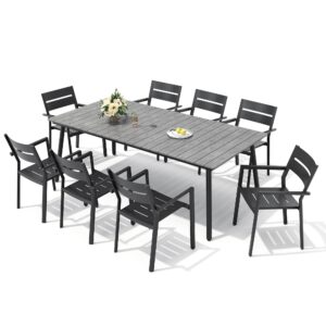 JOINHOM 9 Piece Patio Dining Table & Chair Set - Outdoor All Aluminum Patio Furniture Sets with Waterproof, Rust-Proof, Patio Rectangle Table with Umbrella Hole for Deck, Garden, Backyard, All Weather