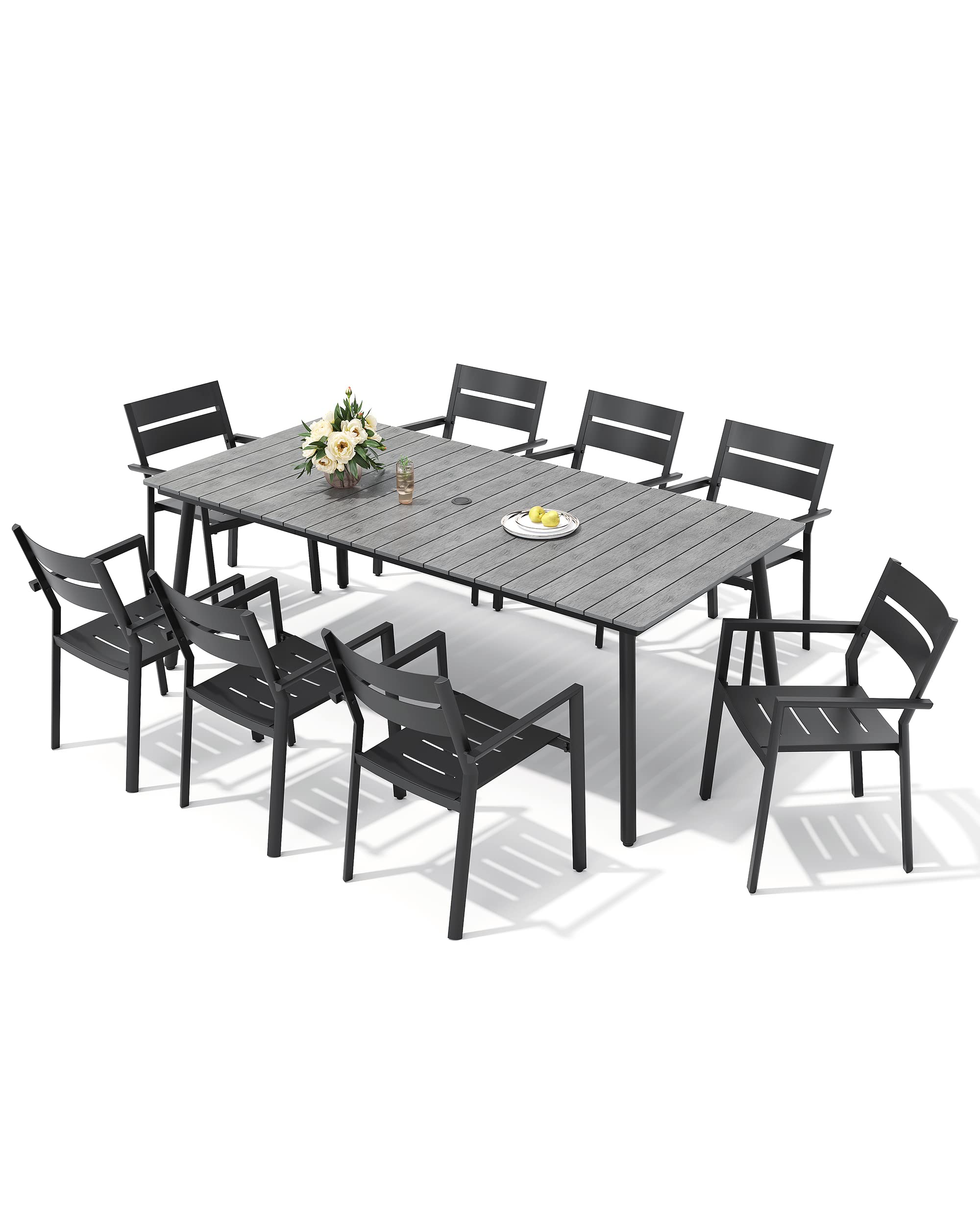 JOINHOM 9 Piece Patio Dining Table & Chair Set - Outdoor All Aluminum Patio Furniture Sets with Waterproof, Rust-Proof, Patio Rectangle Table with Umbrella Hole for Deck, Garden, Backyard, All Weather