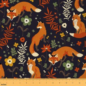 fox fabric by the yard green red flowers rustic style diy craft hobby fabric by the yard orange wild animals decorative fabric for upholstery and home accents,2 yards