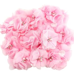 30 pcs rhinestone pearl pink chiffon flower sewing fabric appliques for clothing, headbands flower, crafts, party decoration, sewing applique