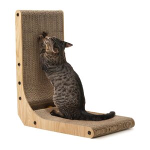 fukumaru cat scratcher, 18.7 inch l shape cat scratch pad wall mounted, cat scratching cardboard with ball toy for indoor cats