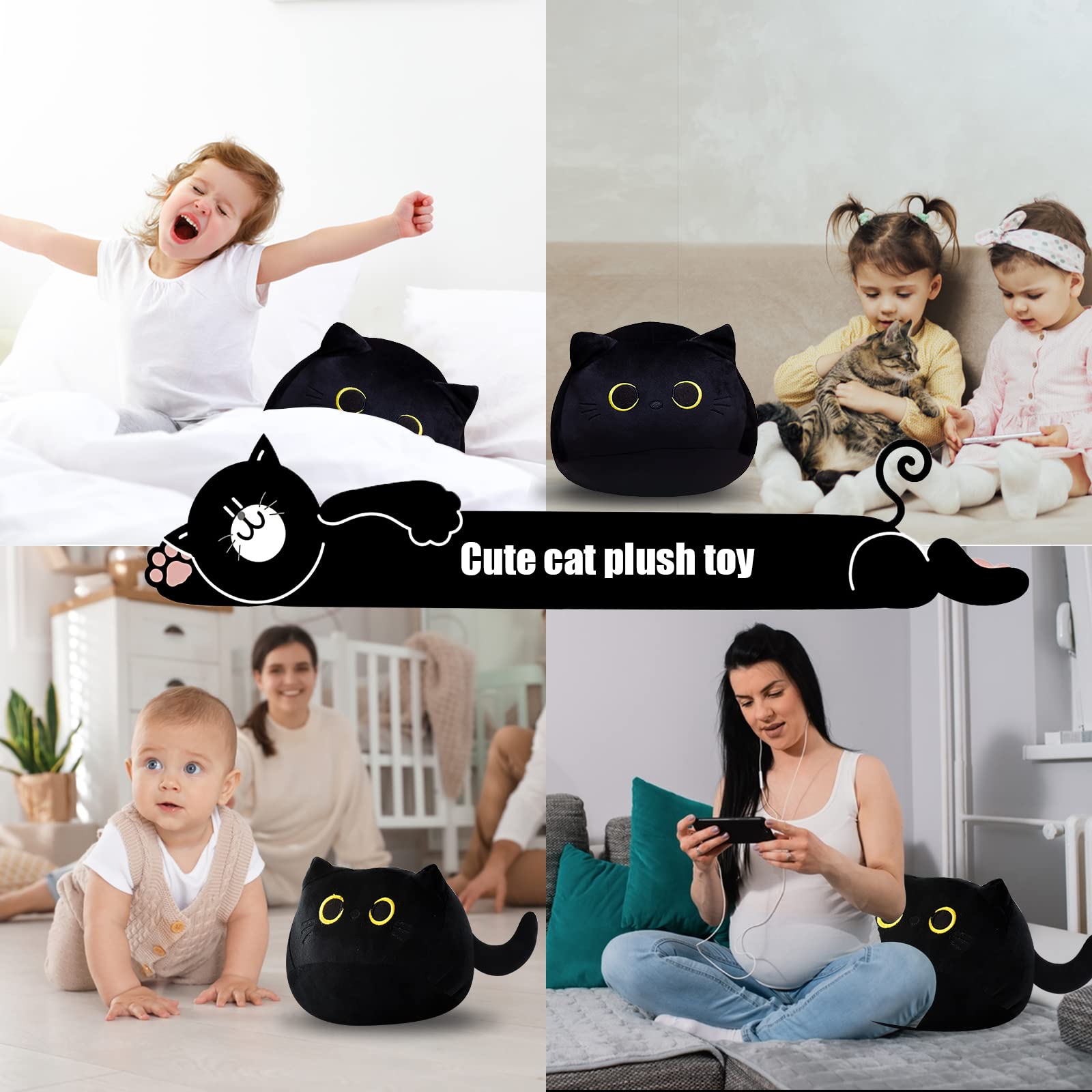 AudeRhine 10'' Cute Black Cat Plush Toys, Soft Cat Pillow Squishy Plushies, Cat Stuffed Animals Kawaii Plush Toys Home Decoration Gift for Cat Lovers Kids Boys Girls (Black, 10 Inch)