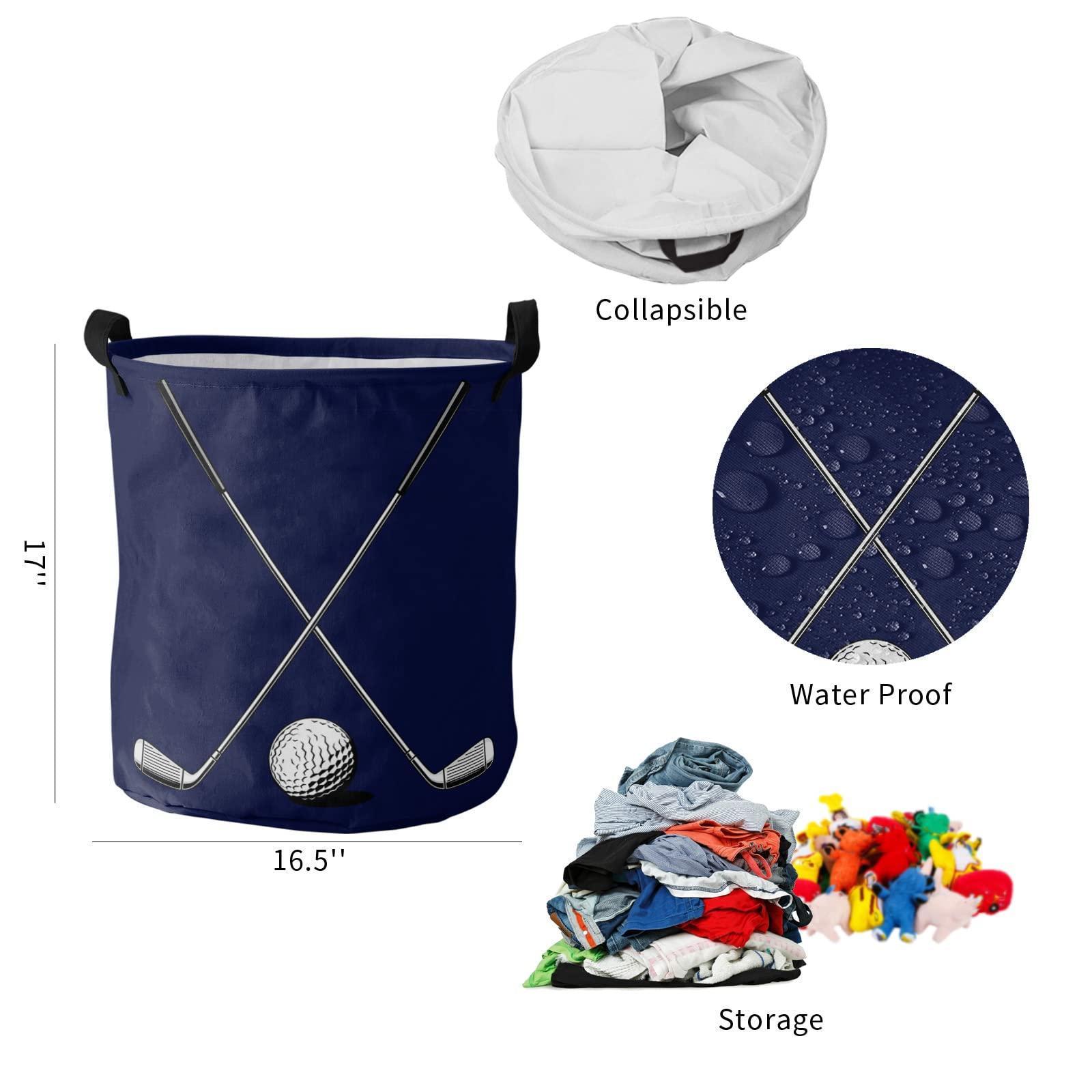 Oxford Cloth Large Laundry Baskets - Foldable Laundry Hamper Waterproof Washing Basket Art Minimalist Golf Theme Round Collapsible Storage Bin for Toys/Clothes/Blankets 16.5x17 Inch