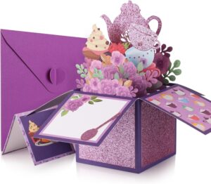 giiffu mothers day card, tea theme, tea time 3d pop up card, 3d flower pop up greeting card with note card and envelopes, for mothers day, birthday, tea party (purple)