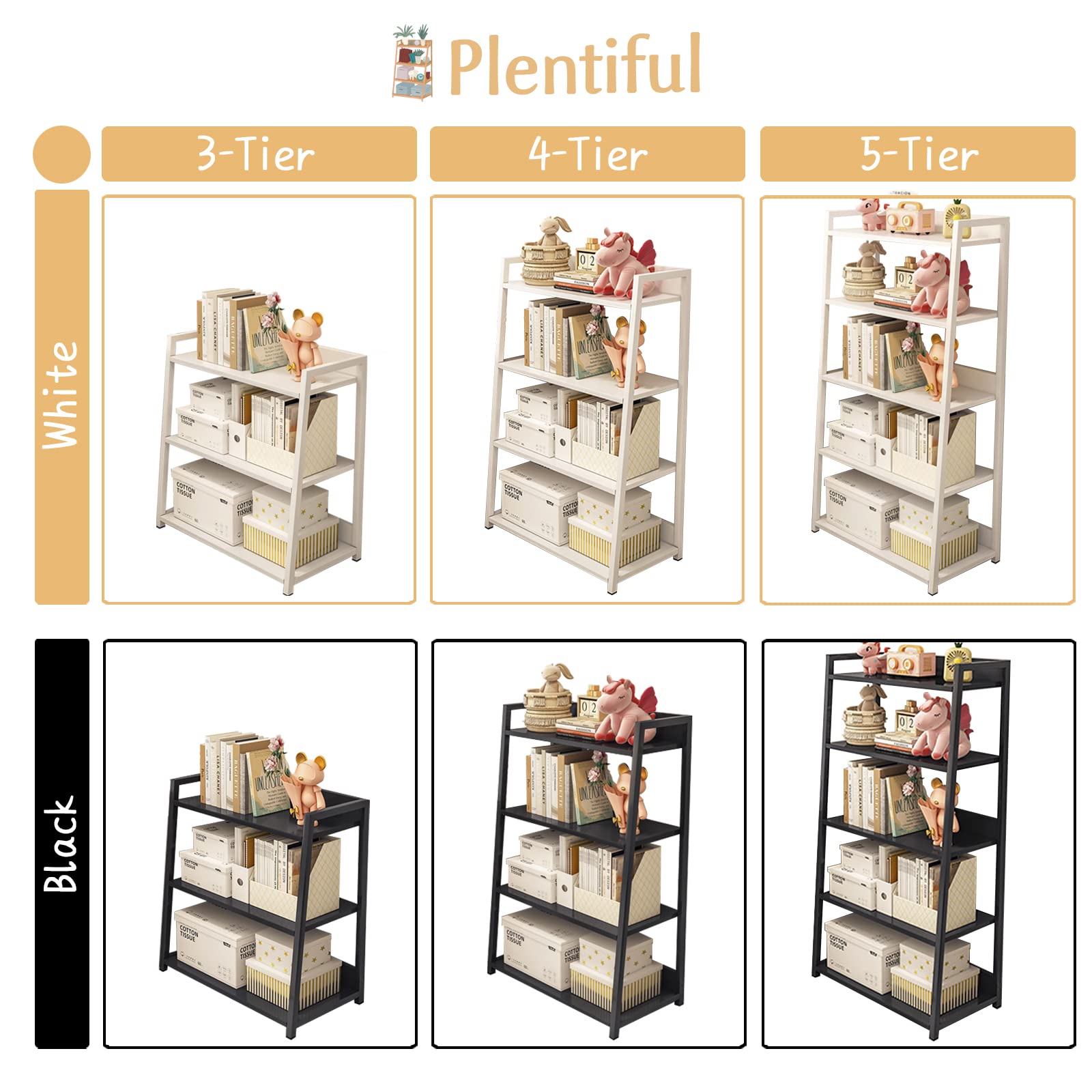 IOTXY 4-Tier Ladder Shelf Bookcase - Wooden Open Bookshelf with Metal Frame, Display Rack for Living Room, Bedroom, Kitchen, and Home Office, White