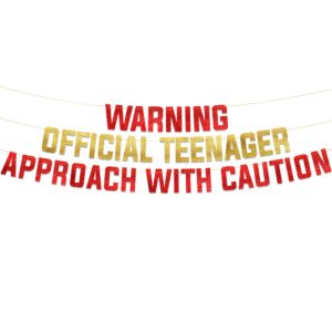 warning official teenager approach with caution gold glitter banner - 13th birthday party supplies, ideas, gifts and decorations