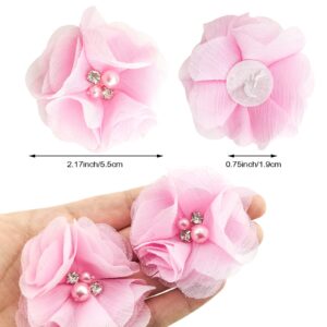 30 PCS Rhinestone Pearl Pink Chiffon Flower Sewing Fabric Appliques for Clothing, Headbands Flower, Crafts, Party Decoration, Sewing Applique