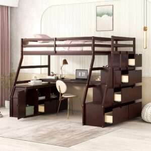 harper & bright designs twin loft bed with stairs and desk, solid wood loft bed frame with storage 7 drawers 2 shelves, for kids teens adults (espresso)