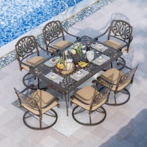 grepatio 7 piece patio dining set outdoor dining set cast aluminum furniture set with 6 dining swivel chairs with 6 cushions and dining table for backyard garden deck poolside (khaki)