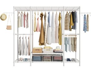 ulif e3 heavy duty garment rack, 4 tiers freestanding closet organizer system with 5 shelves, metal closet organizer and storage system for clothes, max load 650lbs, 57.1"w x 14.5"d x 77.3"h, white