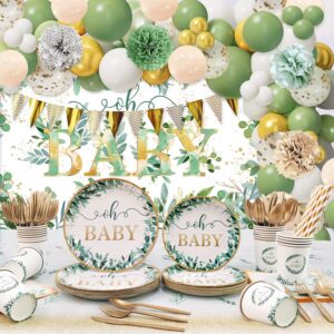 sage green baby shower decoration for girl boy kit,239 pcs yhfndiys boho greency neutral party supplies (20 guest) with paper plates cups napkins straws oh baby tablecloth backdrop balloons arch kit