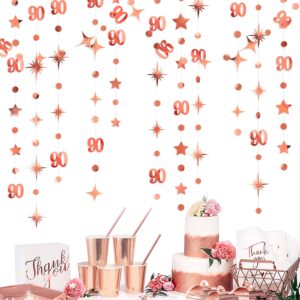 rose gold 90th birthday decorations number 90 circle dot twinkle star garland metallic hanging streamer bunting banner backdrop for women mens 90 year old birthday ninety anniversary party supplies