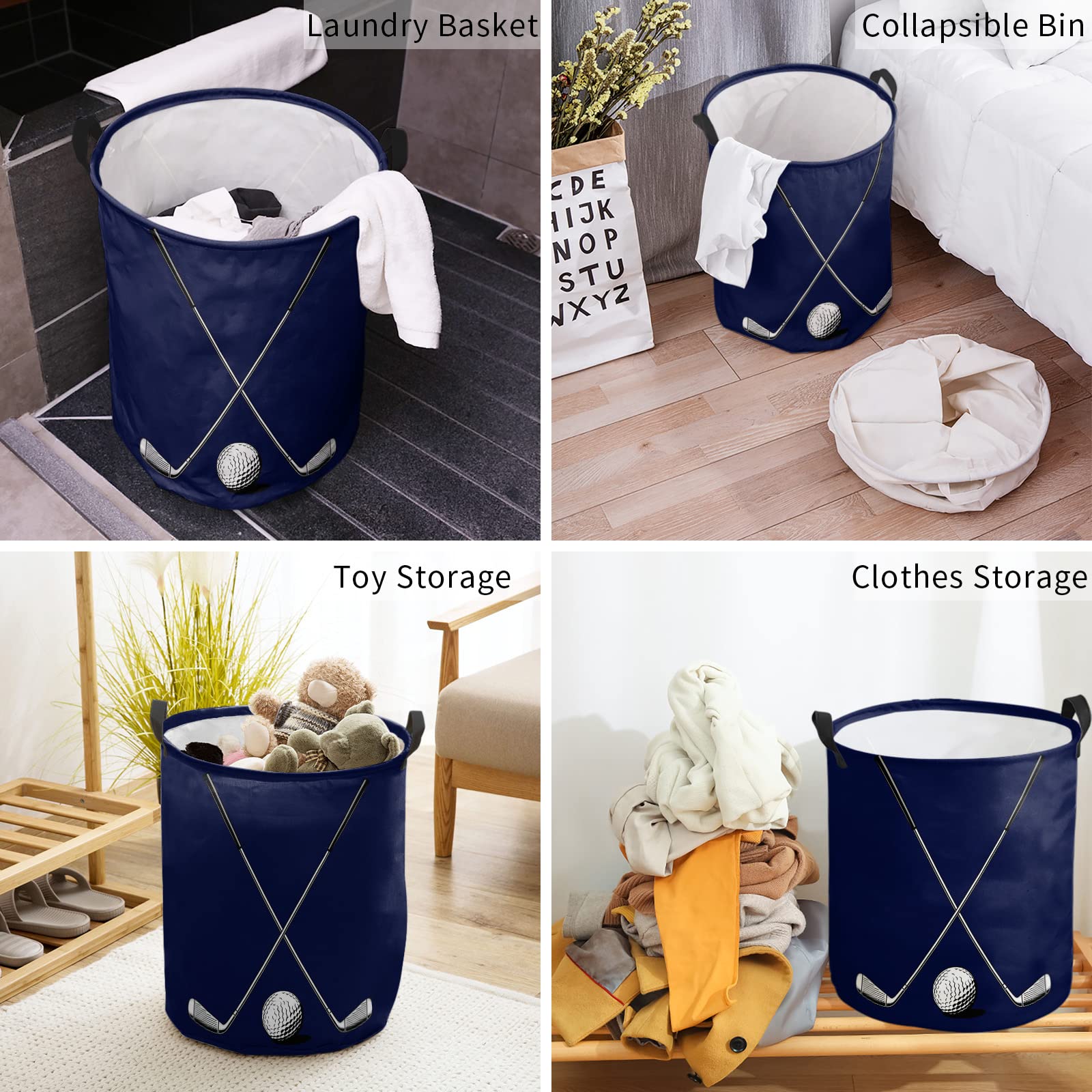 Oxford Cloth Large Laundry Baskets - Foldable Laundry Hamper Waterproof Washing Basket Art Minimalist Golf Theme Round Collapsible Storage Bin for Toys/Clothes/Blankets 16.5x17 Inch