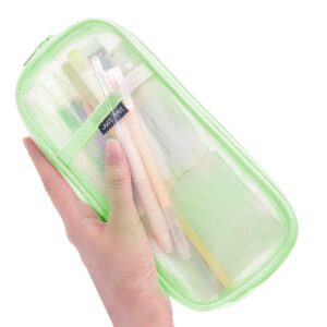 sonuimy clear mesh pencil case pouch, clearly visible grid pen cases organizer for adult, zipper transparent stationary makeup bag for travel office college-green