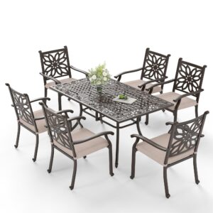 sophia & william 7 pieces cast aluminium patio dining furniture set for 6, powder-coating outdoor dining chairs and rectangular table with 2.3" umbrella hole for porch backyard deck, bronze