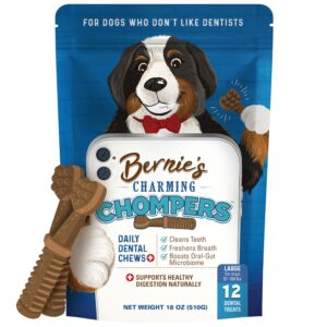 bernie's charming chompers - daily dental chews for dogs 50-100 lbs. - 12 count - cleans teeth, freshens breath, + boosts oral-gut microbiome. easy to digest, supports healthy digestion naturally