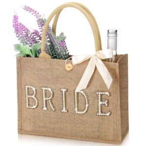 silkfly wedding bride bag natural jute bride tote bag with ribbon bride gift bag with handle for bridal shower (gold edges,bride)