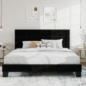 sha cerlin king platform bed frame with velvet upholstered headboard, mattress foundation with strong wooden slats support, no box spring needed, black