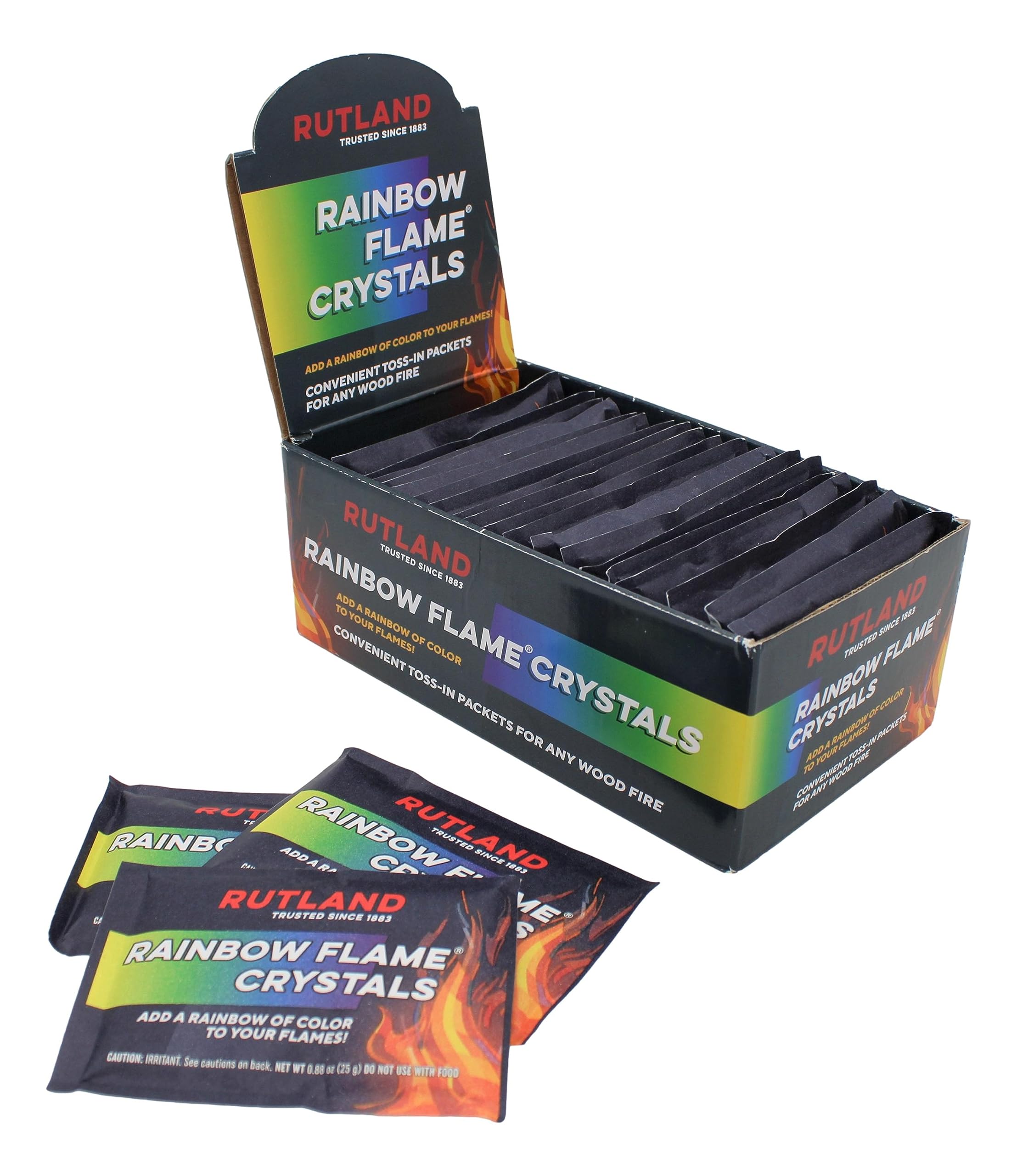 Rutland Rainbow Flame Crystals Packets, Non-Plastic & Environmentally Friendly Packets, Case of 25