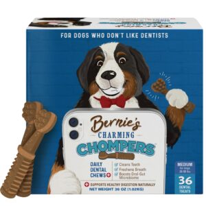 bernie's charming chompers - daily dental chews for dogs 26-50 lbs. - 36 count - cleans teeth, freshens breath, + boosts oral-gut microbiome. easy to digest, supports healthy digestion naturally