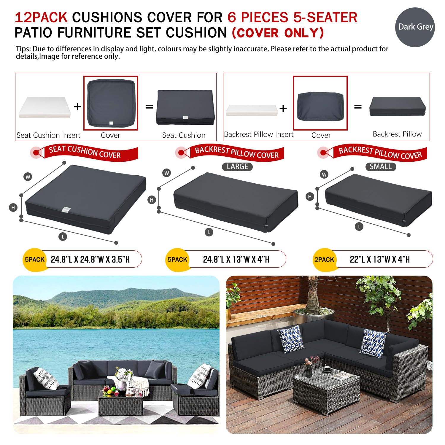 ClawsCover 12Pack Outdoor Seat and Back Cushions Replacement Covers Fit for 6Pieces 5-Seater Wicker Rattan Patio Furniture Conversation Set Sectional Couch Chairs,Dark Grey-Include Cover Only