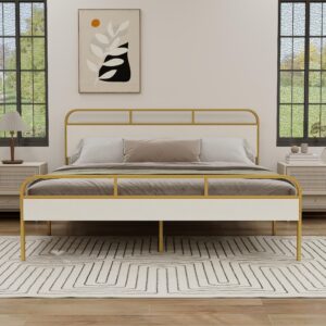 alazyhome modern king size bed frame, metal platform bed with velvet upholstered headboard, steel slats support, noise free, under-bed storage, easy assembly, gold