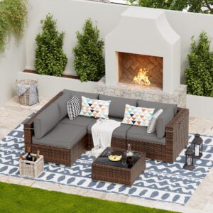 udpatio patio furniture sets, modular rattan outdoor patio sectional furniture sofa set, wicker patio conversation set for backyard, deck w/glass coffee table, 5pc brown/grey (include sofa cover)