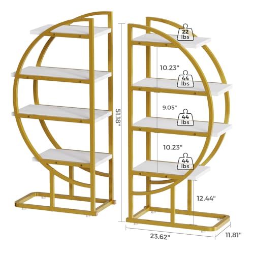 Vrullu Gold Bookshelf Set of 2, 4-tirer Storage Shelves with Steel Frame, Half Moon Display Bookcase Standing Organizer, Decorative Book Shelf with Adjustable Feet for Living Room, Hallway