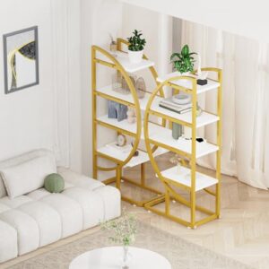 Vrullu Gold Bookshelf Set of 2, 4-tirer Storage Shelves with Steel Frame, Half Moon Display Bookcase Standing Organizer, Decorative Book Shelf with Adjustable Feet for Living Room, Hallway