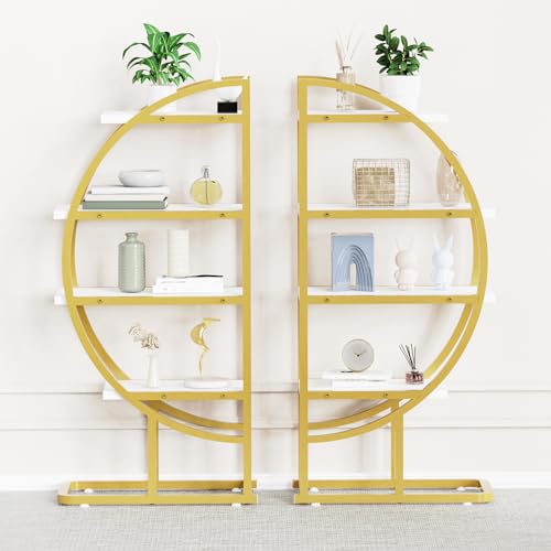 Vrullu Gold Bookshelf Set of 2, 4-tirer Storage Shelves with Steel Frame, Half Moon Display Bookcase Standing Organizer, Decorative Book Shelf with Adjustable Feet for Living Room, Hallway