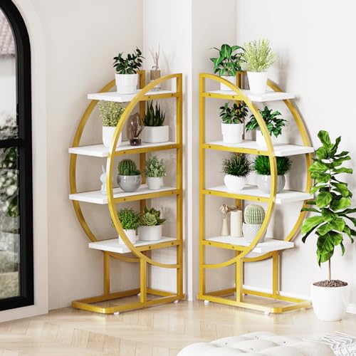 Vrullu Gold Bookshelf Set of 2, 4-tirer Storage Shelves with Steel Frame, Half Moon Display Bookcase Standing Organizer, Decorative Book Shelf with Adjustable Feet for Living Room, Hallway