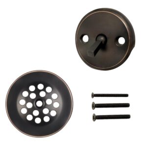 trip lever tub trim kit set with two hole overflow face plate, trip lever bathtub drain with strainer, overflow and matching screws - oil rubbed bronze