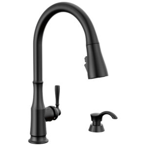 delta faucet capertee black kitchen faucet with soap dispenser, kitchen faucets with pull down sprayer, kitchen sink faucet with magnetic docking spray head, matte black 19877z-blsd-dst