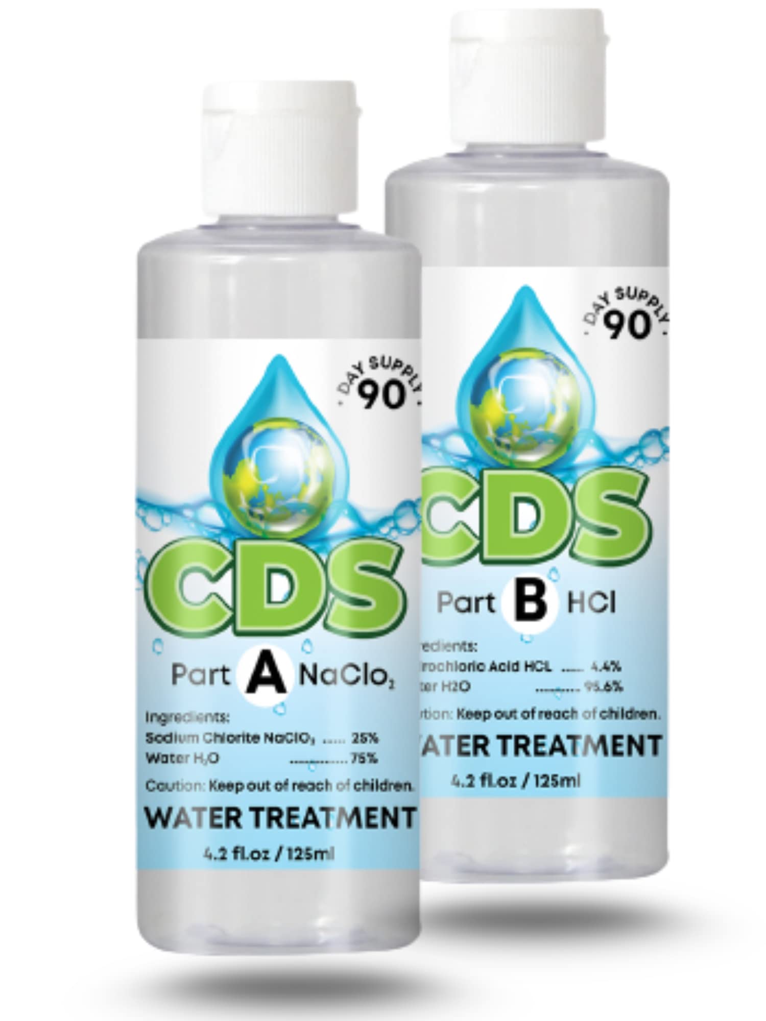 CDS Set, Chlorine Dioxide Water Treatment 8 oz KIT, w | Accu-Drop lids | Sodium Solution w/ 4% HCL, Extra Large Bottle KIT by CDS