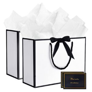 jmanni gift bags, medium gift bags with tissue paper, 2pcs gift bags medium size with handle and bow ribbon for any birthday, weddings, mothers day & special occasion 11''x7.87''x4'' (black-white)