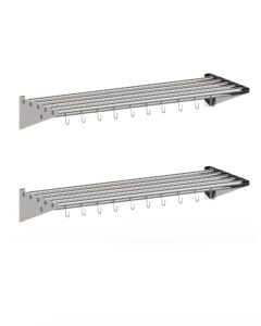 riedhoff 2 pack metal kitchen rack for storage and organization, [nsf certified] 12" x 36" stainless steel wall mount shelf with 10 s hooks for hanging pots, pans, cookware in home and restaurant