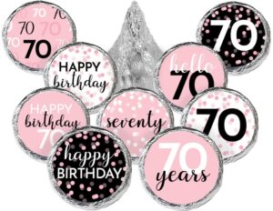 pink, black, and white 70th birthday party favor stickers, chocolate kisses candy stickers - 180 count - 70th birthday decorations