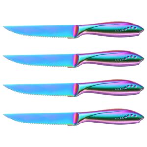 rainbow serrated steak knife 4 piece set, german high carton stainless steel blade for home restaurant