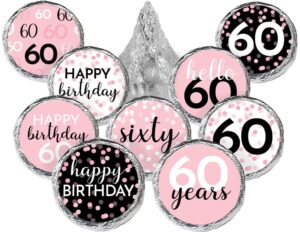 pink, black, and white 60th birthday party favor stickers, kisses candy labels - 180 count, 60th birthday decorations for women