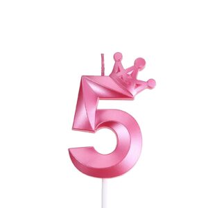 3.15 inch pink 5 birthday candles,3d crown number 5 cake topper for birthday decorations