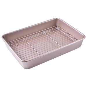 bakeley roasting pan with rack, non-stick rectangular deep dish oven-bbq bakeware for oven baking 13.78" x 9.84" x 2.36" (champagne gold)