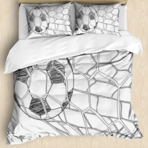 yaofuren soccer theme 3 pieces duvet covers full size，bedding soccer ball in net print duvet cover，decorative 3 piece bedding set with 2 pillow shams for all season （white，full）