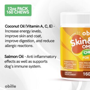 Obille Skin & Coat Omega for Dogs 160 Chews 12oz – Salmon Oil Supplement For Puppies and Large Dogs, Support Shiny Coat, Dry & Itchy Skin Relief, Immune & Heart Health and may reduce Allergy, Shedding