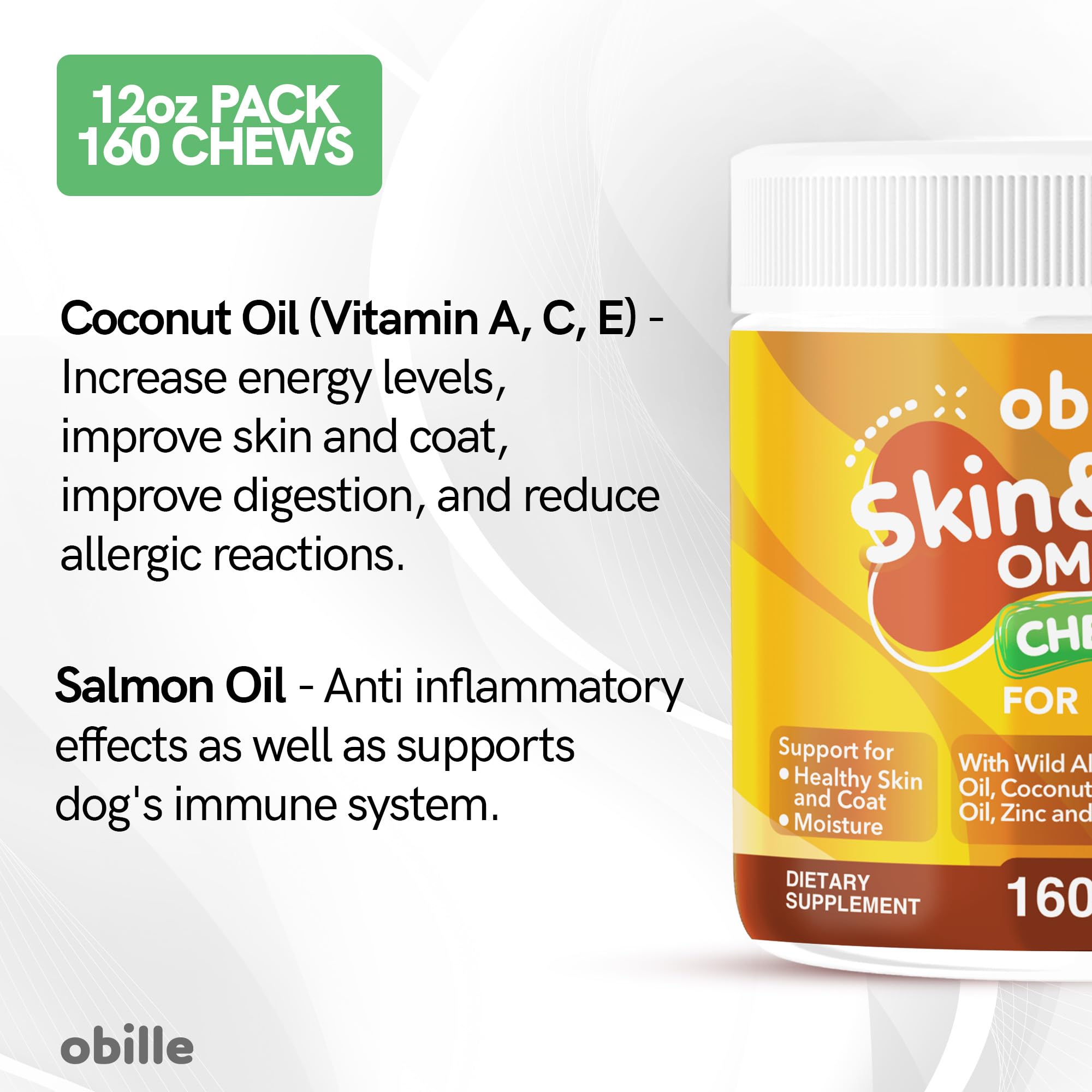 Obille Skin & Coat Omega for Dogs 160 Chews 12oz – Salmon Oil Supplement For Puppies and Large Dogs, Support Shiny Coat, Dry & Itchy Skin Relief, Immune & Heart Health and may reduce Allergy, Shedding