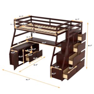 Twin Loft Bed with Desk & Storage Stairs Wood Loft Beds with Cabinet and 7 Drawers and 2 Shelves High Loft Bed Frame with Step for Kids, Juniors, Teen, Boys, Girls, Espresso, Twin Size