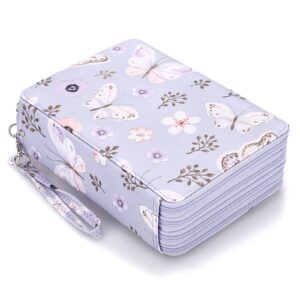 btsky colored pencil case- 200 slots pencil holder pen bag large capacity pencil organizer with handle strap handy colored pencil box with printing pattern (purple butterfly)